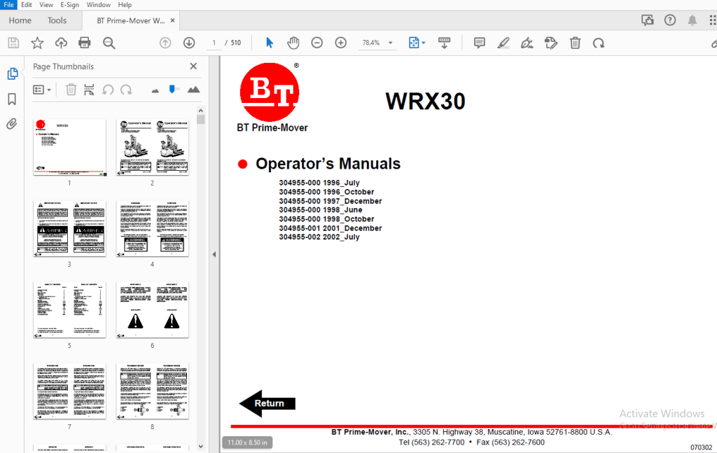 BT Prime-Mover WRX30 Operator’s Manual - PDF DOWNLOAD
