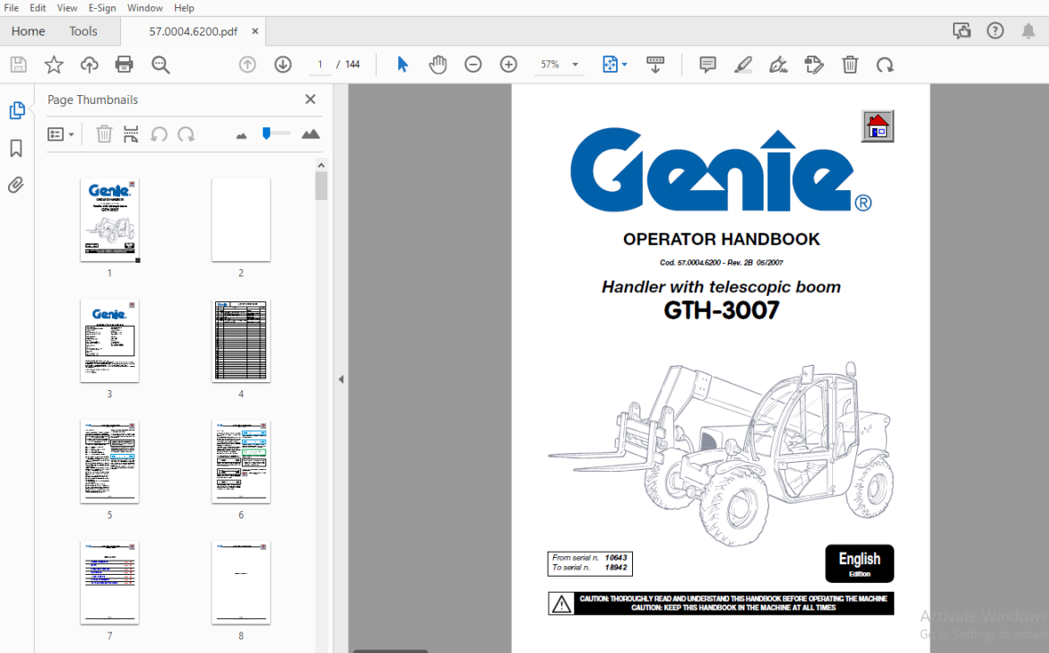 Genie Handler with telescopic boom GTH-3007 Operator Manual - PDF