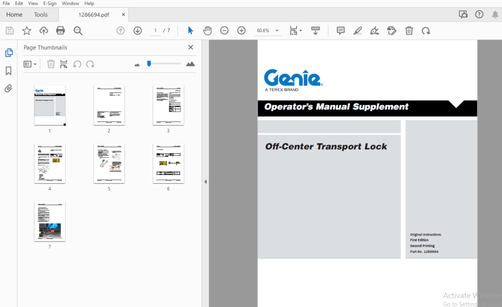Genie Off-Center Transport Lock Supplement Operator’s Manual - PDF