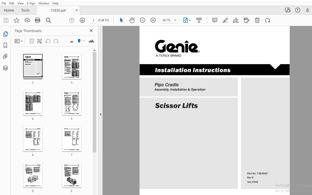 Genie Pipe Cradle Scissor Lifts Instructions Manual 72830GT - PDF