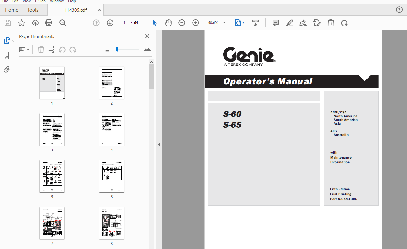 Genie S-60 S-65 Operator's Manual 114305 - PDF DOWNLOAD