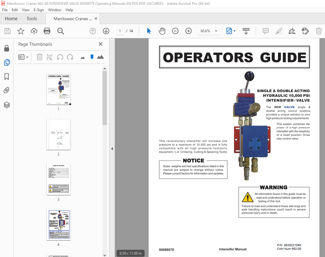 Manitowoc Cranes 662-00 INTENSIFIER VALVE 80088079 Operating Manual PDF