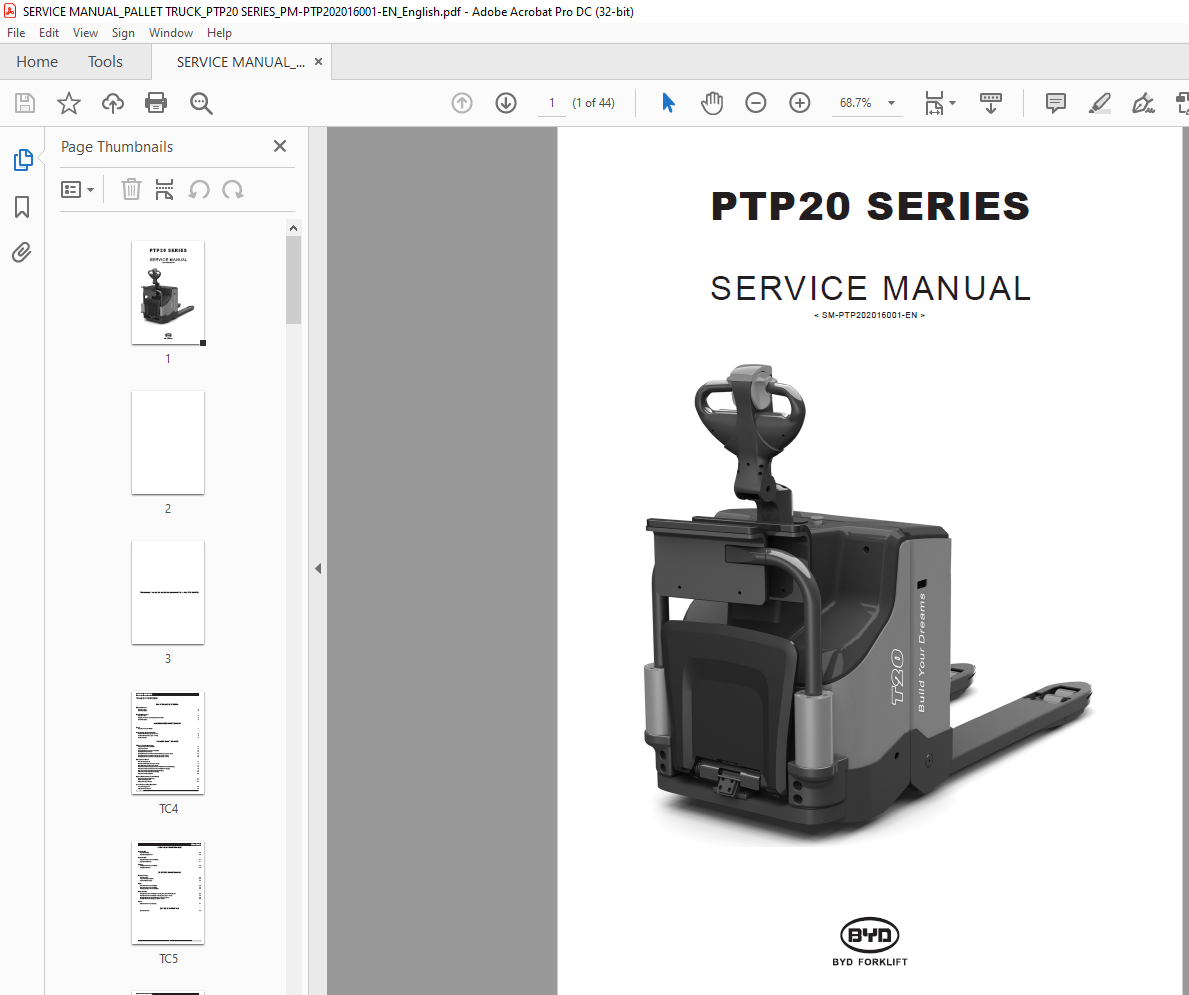 BYD Forklift PTP20 SERIES SERVICE MANUAL PTP202016001 - PDF DOWNLOAD