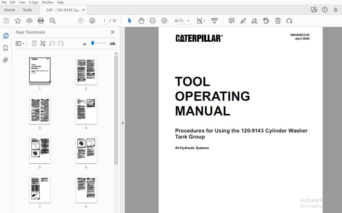 Caterpillar 120-9143 Cylinder Washer Tank Group Tool Operating Manual ...