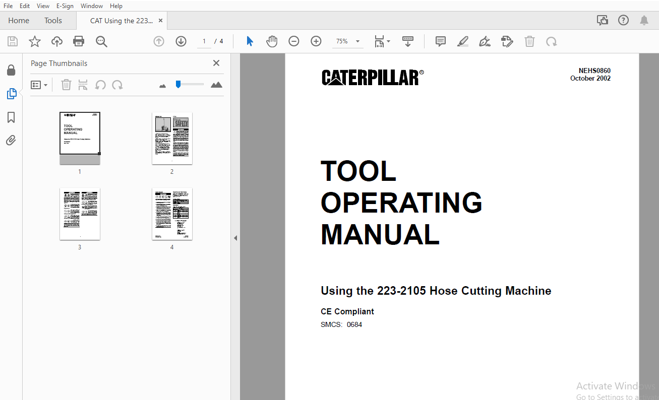 Caterpillar 223-2105 Hose Cutting Machine Tool Operating Manual - PDF