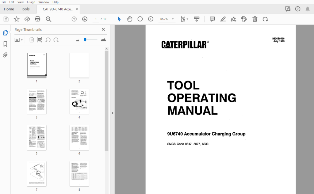 Caterpillar 9U6740 Accumulator Charging Group Tool Operating Manual - PDF