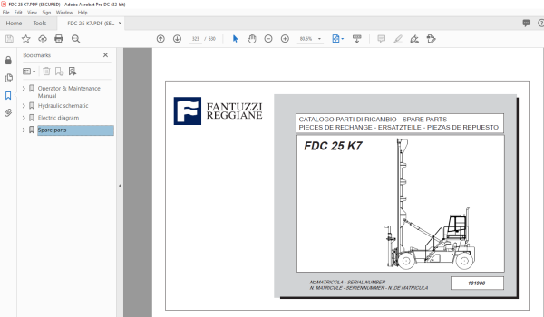 Fantuzzi Reggiane Forklift FDC 25 K7 Operator & Parts manual ...