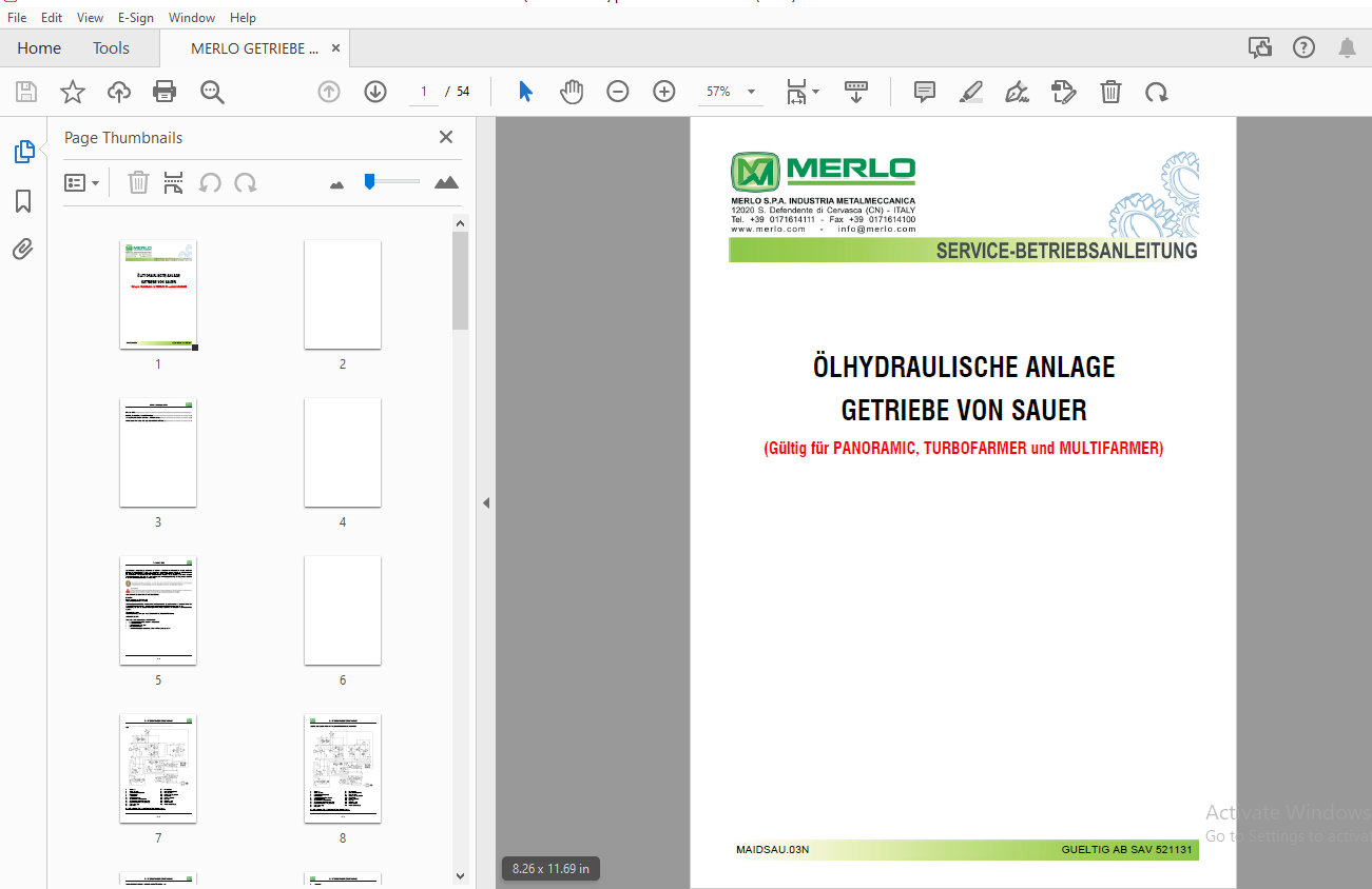 MERLO GETRIEBE VON SAUER ÖLHYDRAULISCHE ANLAGE SERVICE ...