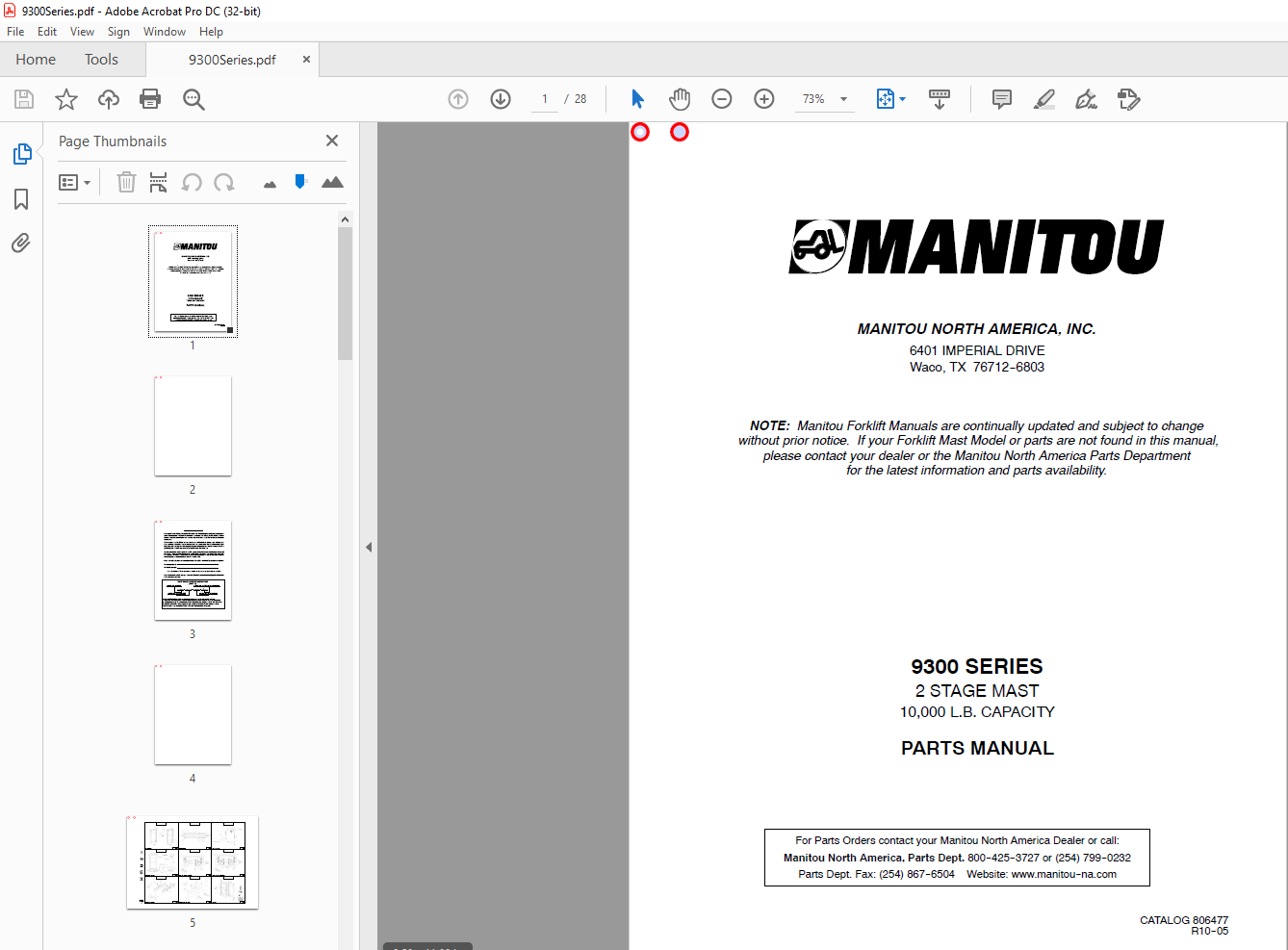 Manitou Crane 9300 SERIES 2 STAGE MAST PARTS MANUAL - PDF DOWNLOAD