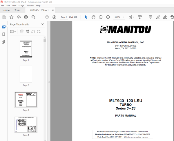 Manitou Forklift MLT940-120 LSU TURBO Series 3-E3 Parts Manual PDF