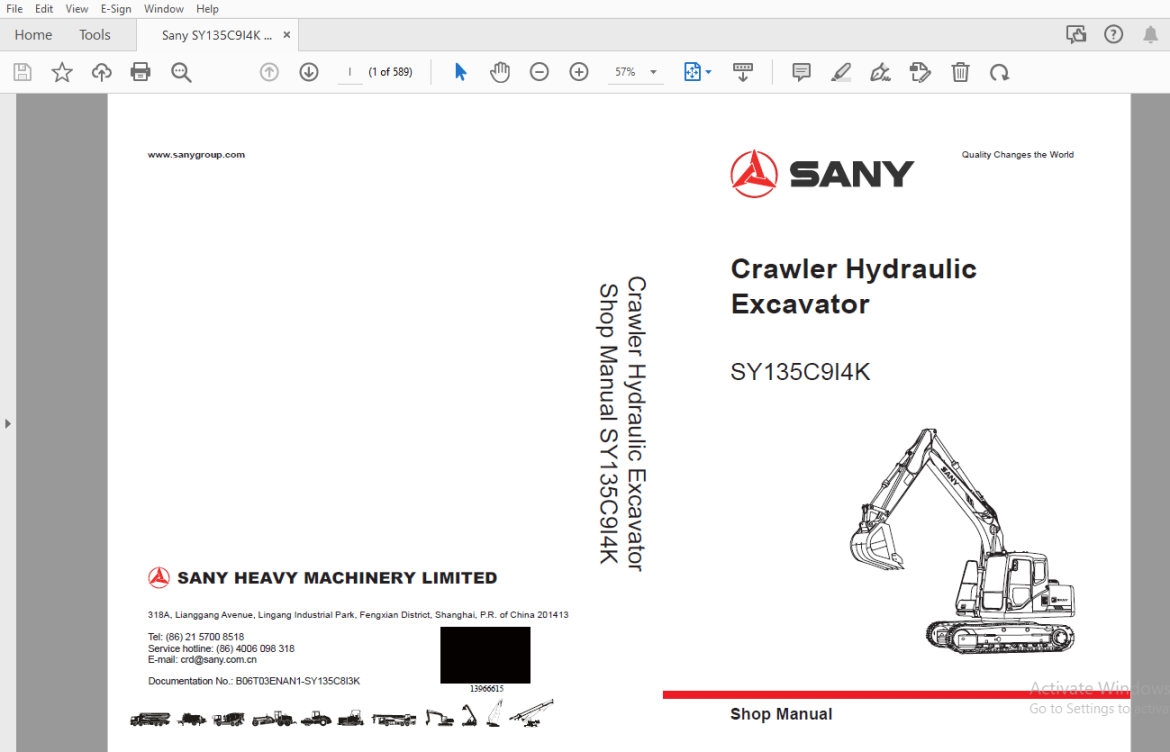 Sany SY135C9I4K Crawler Hydraulic Excavator Service Manual - PDF ...