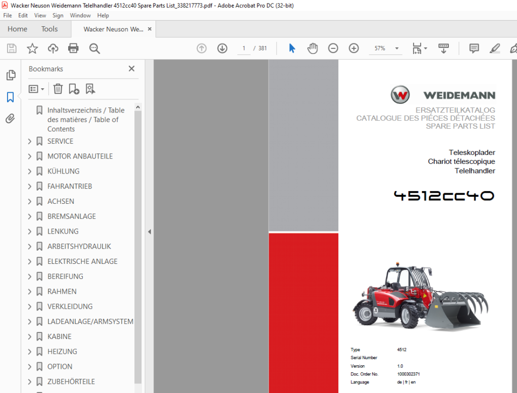 Wacker Neuson Weidemann Telelhandler 4512cc40 Spare Parts List Manual