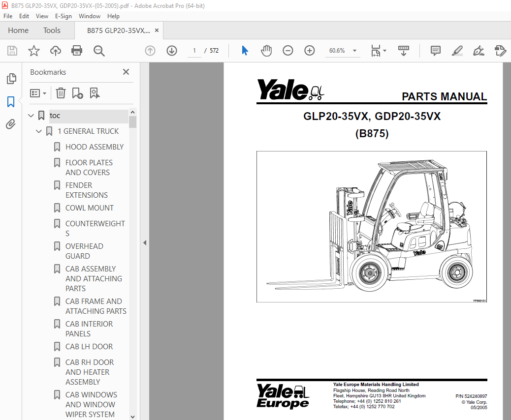 Yale Forklift GLP20-35VX, GDP20-35VX (B875) Parts Manual PN 524240897 PDF