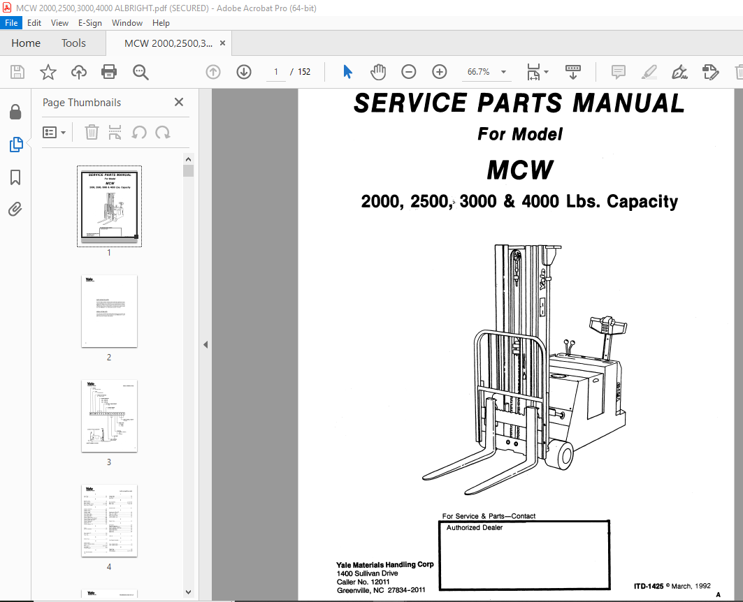 Yale Forklift MCW 2000 2500 3000 & 4000 Service Parts Manual PDF ...