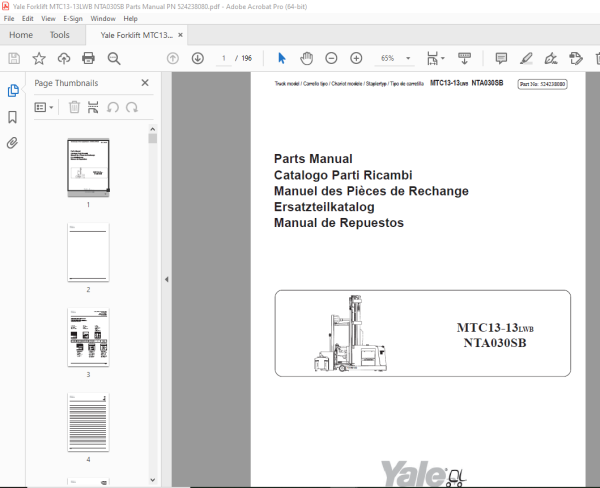 Yale Forklift MTC13-13LWB NTA030SB Parts Manual PN 524238080 PDF ...