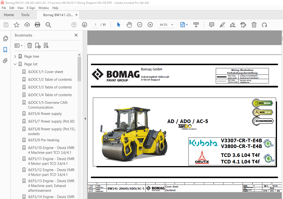 Bomag BW141-206 AD/ADO/AC-5 Function.366 Wiring Diagram Manual EN_DE ...