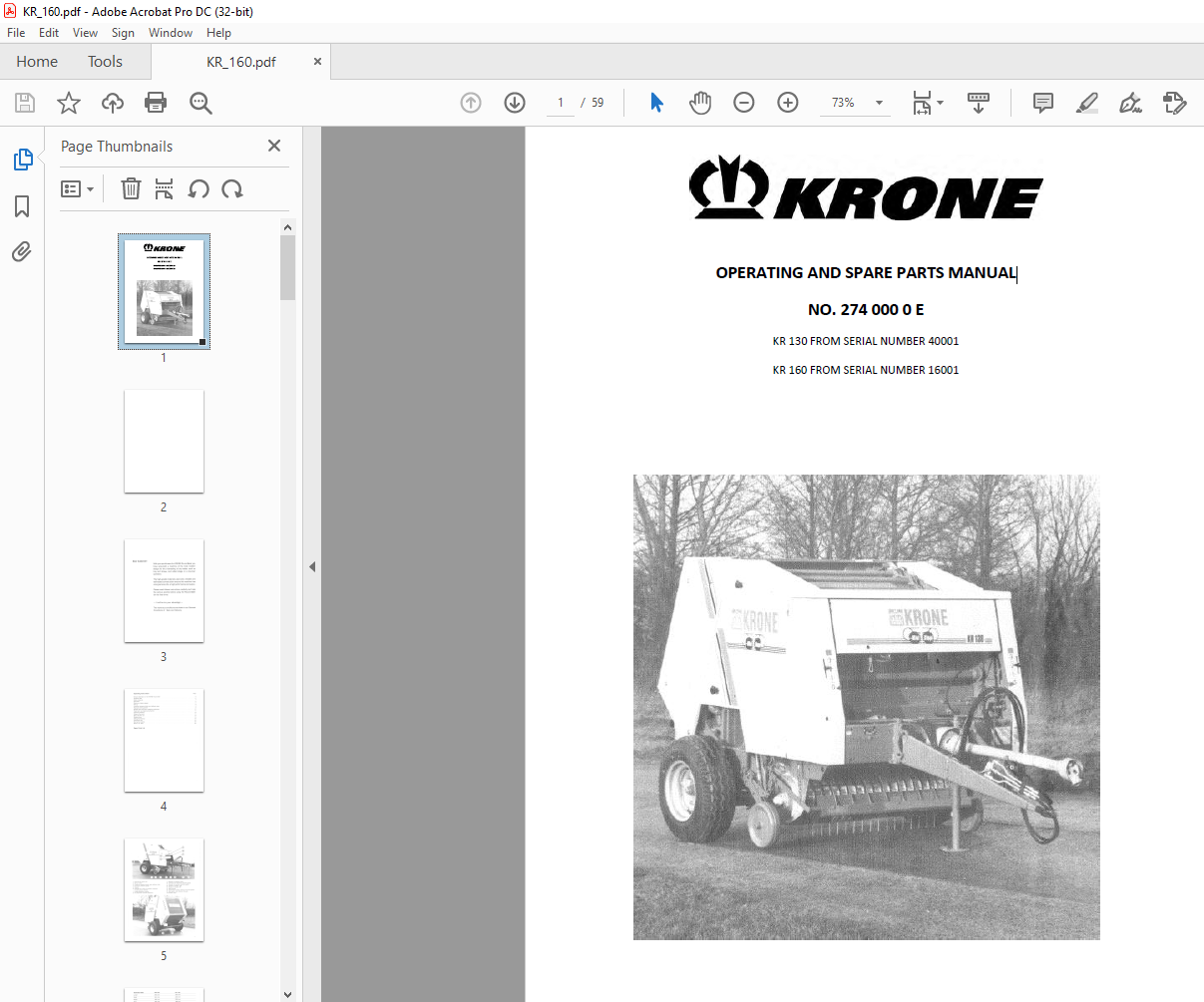 KRONE KR 130 KR 160 OPERATING AND SPARE PARTS MANUAL - PDF