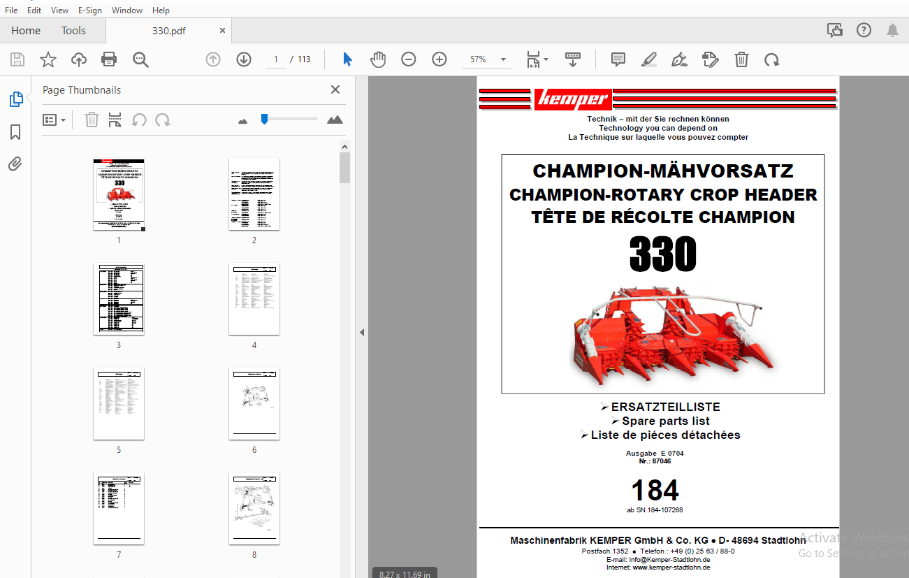 Kemper 330 Champion Rotary Crop Header Parts Manual – PDF ...