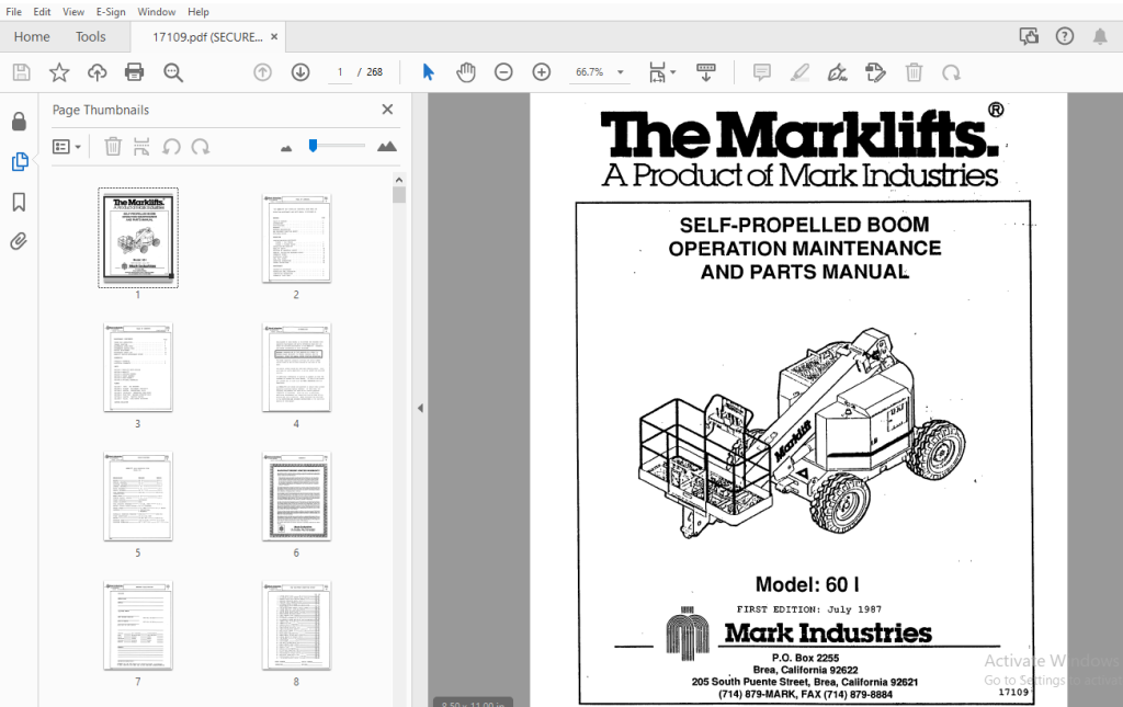 MARKLIFTS 60I SELF-PROPELLED BOOM OPERATION MAINTENANCE & PARTS MANUAL ...