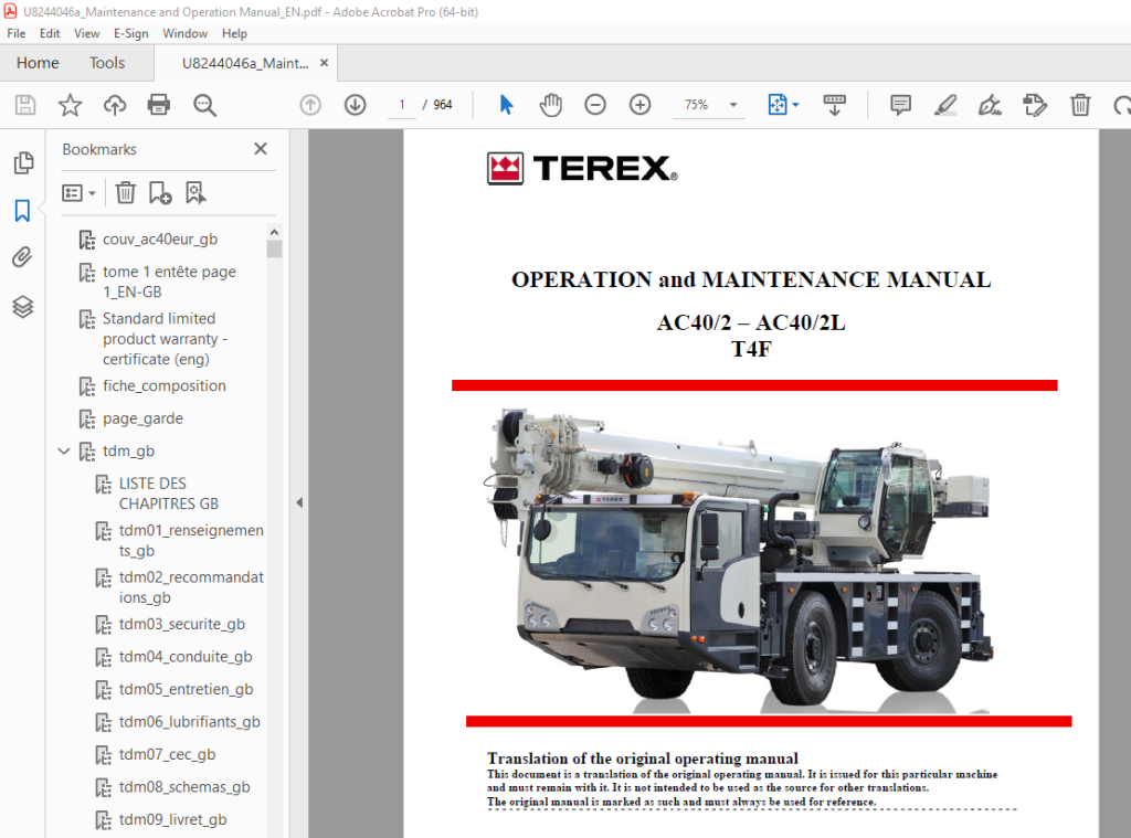 Terex Crane AC40/2 – AC40/2L T4F Operation & Maintenance Manual PDF ...