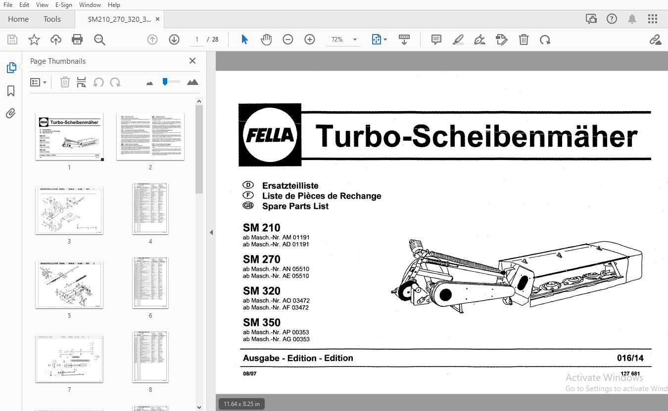Fella SM 210, SM 270, SM 320, SM 350 Turbo-Rotary Mower Parts Manual - PDF