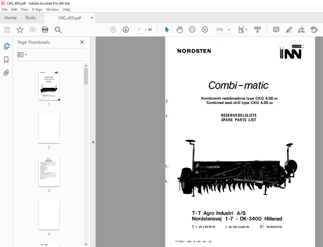 Nordsten Seed Drill CKG 4.00 m Combi-matic Parts Manual PDF ...