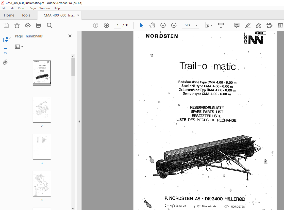 Nordsten Seed Drill CMA 4.00-6.00 m Trail-o-matic Parts Manual PDF ...