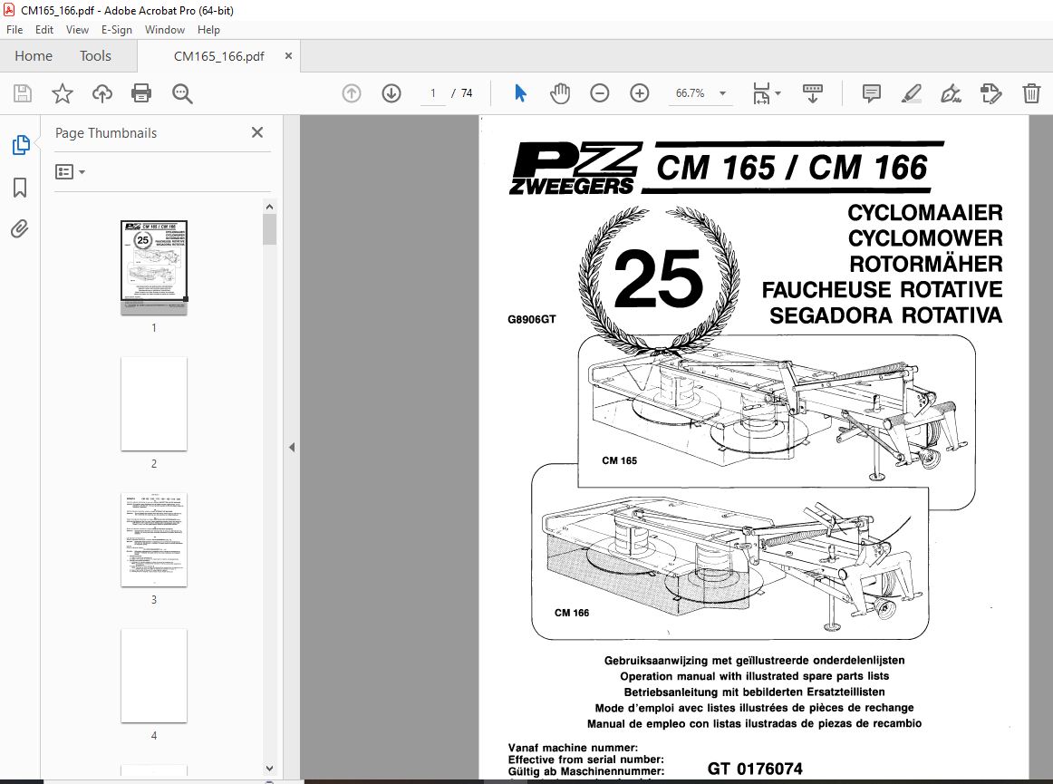 PZ Zweegers CM165 CM166 CYCLOMOWER Operation & Parts Manual PDF