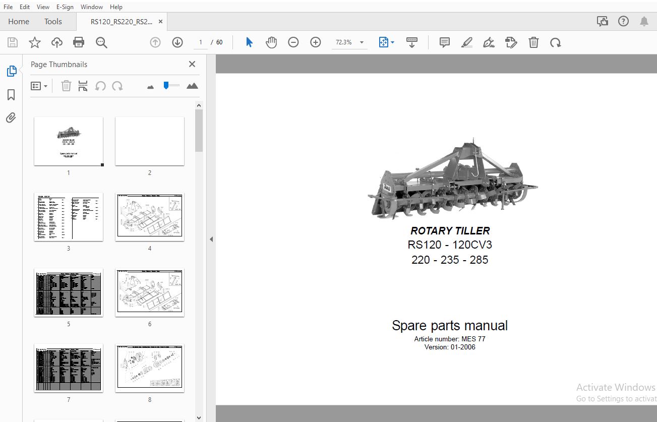 RAU ROTARY TILLER RS120, 120CV3, 220, 235, 285 PARTS MANUAL - PDF DOWNLOAD