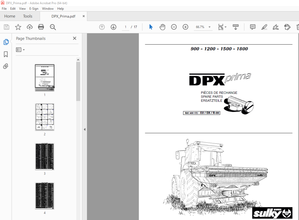 SULKY DPX Prima 900 1200 1500 1800 Parts Manual - PDF DOWNLOAD