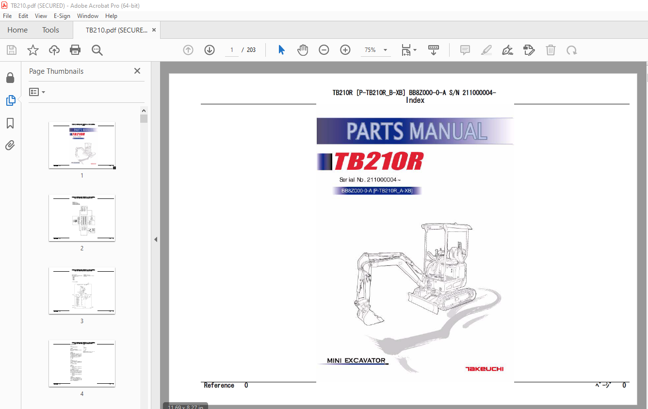 Takeuchi TB210R Mini Excavator Parts Manual - PDF DOWNLOAD