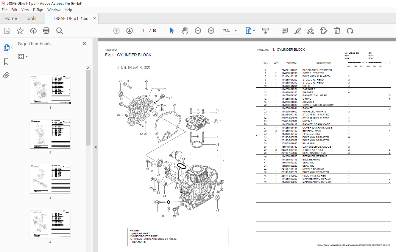 Yanmar Engine L48AE-DE Parts Manual - PDF DOWNLOAD