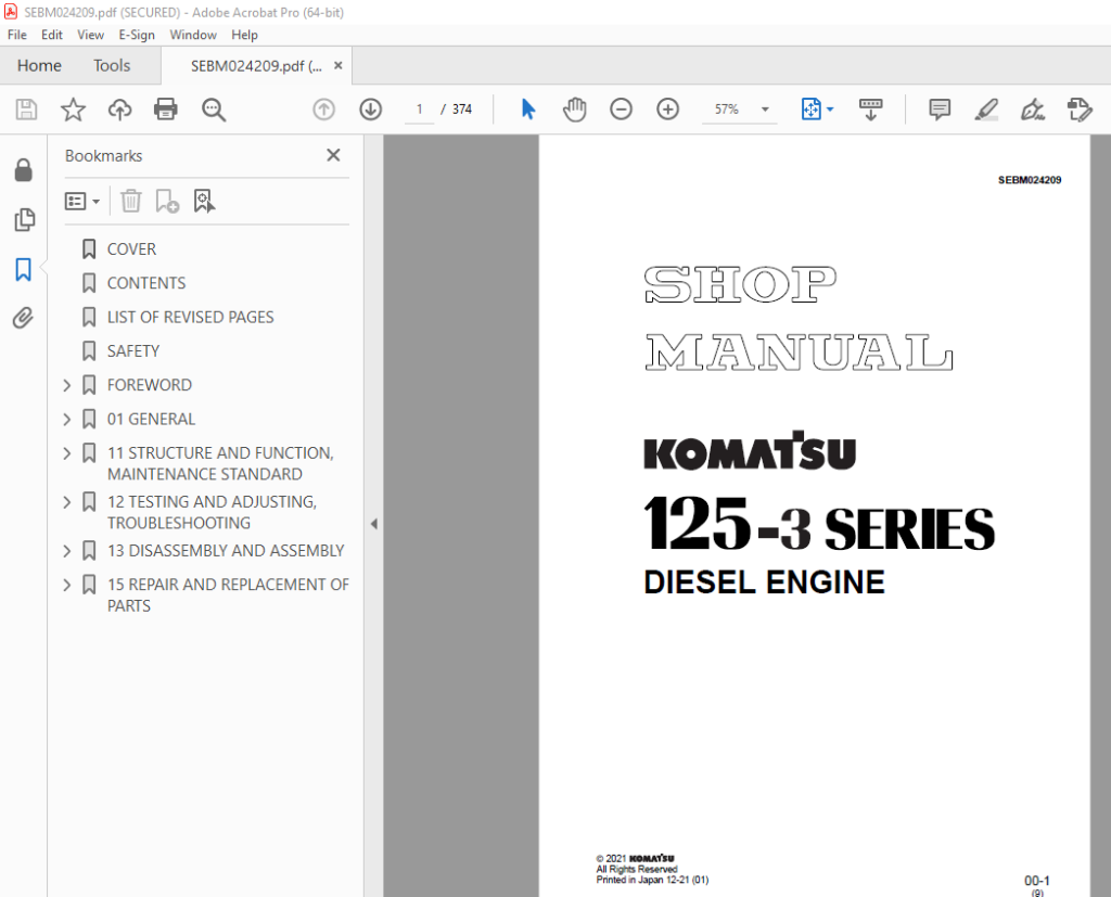 Komatsu 125-3 Series Diesel Engine Shop Manual SEBM024209 PDF