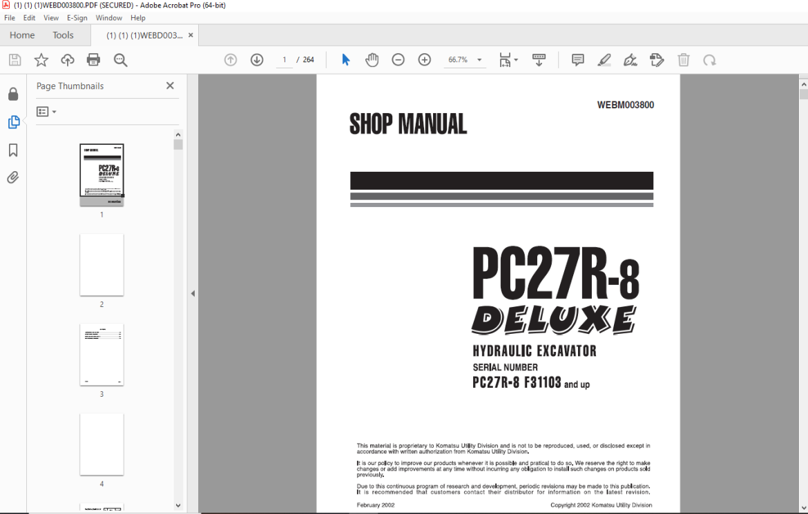 Komatsu PC27R-8 Deluxe Hydraulic Excavator Shop Manual WEBM003800 - PDF