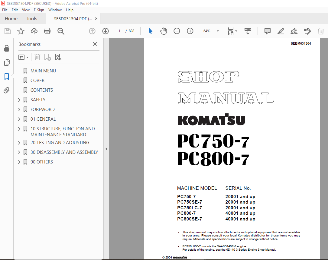 Komatsu PC750-7 PC800-7 Hydraulic Excavator Shop Manual PDF ...