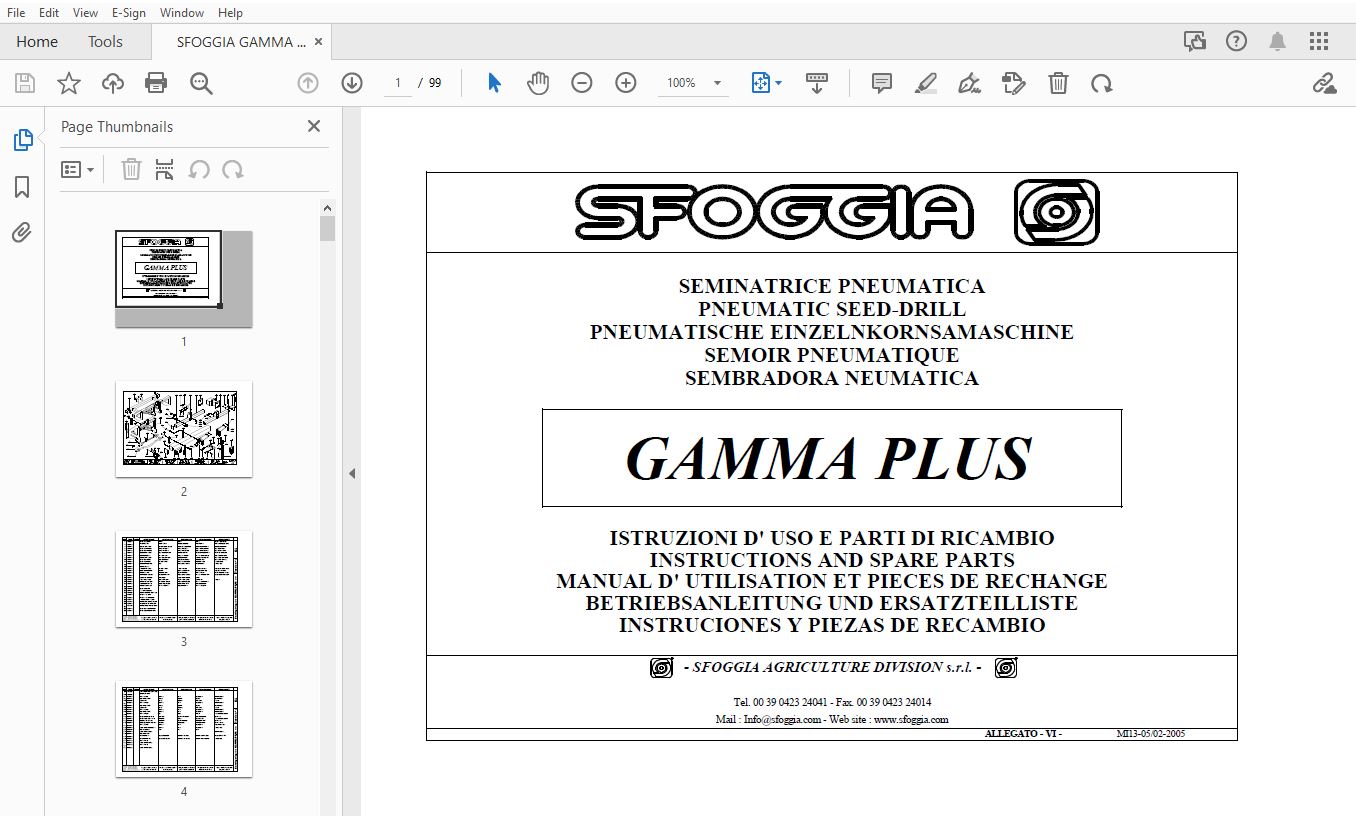 SFOGGIA GAMMA PLUS PNEUMATIC SEED-DRILL INSTRUCTIONS & PARTS MANUAL ...