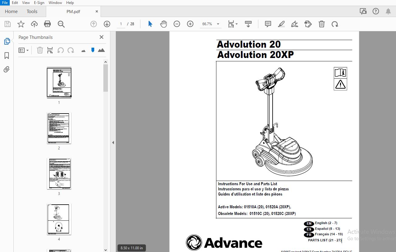 Advance Advolution 20 Advolution 20XP Instructions For Use & Parts ...