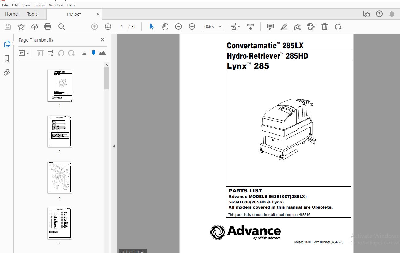 Advance Convertamatic 285LX Hydro-Retriever Lynx 285 Parts Manual - PDF ...