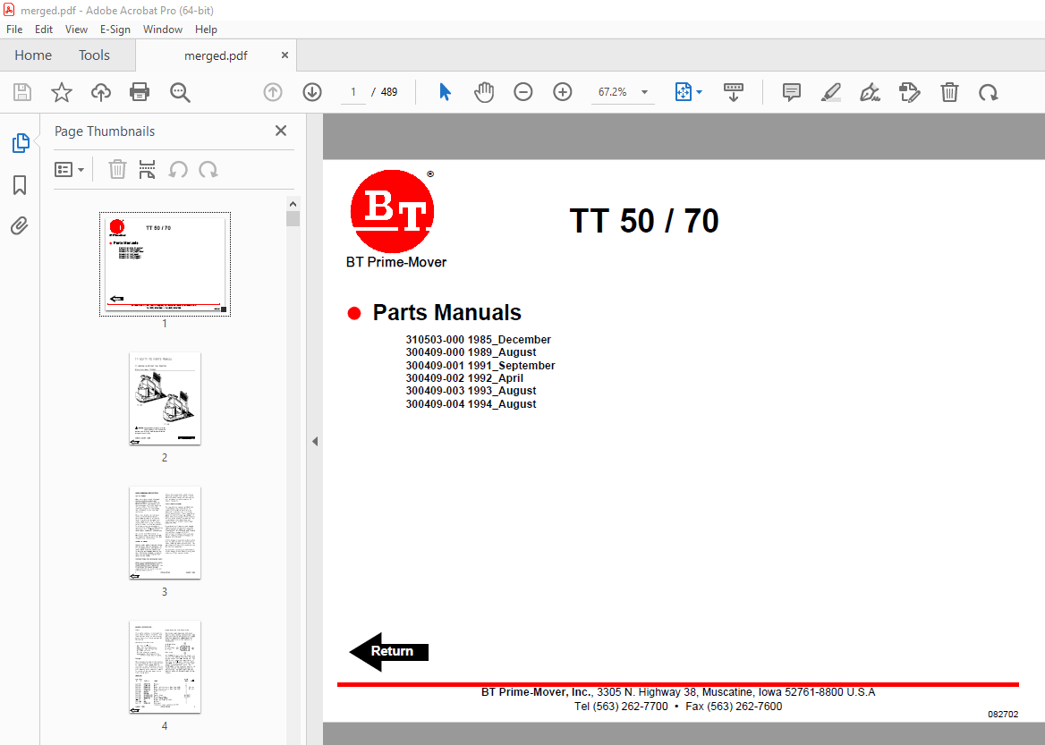 BT Prime-Mover TT Series TT-50 TT-70 Electric Tow Tractor Parts Manual ...