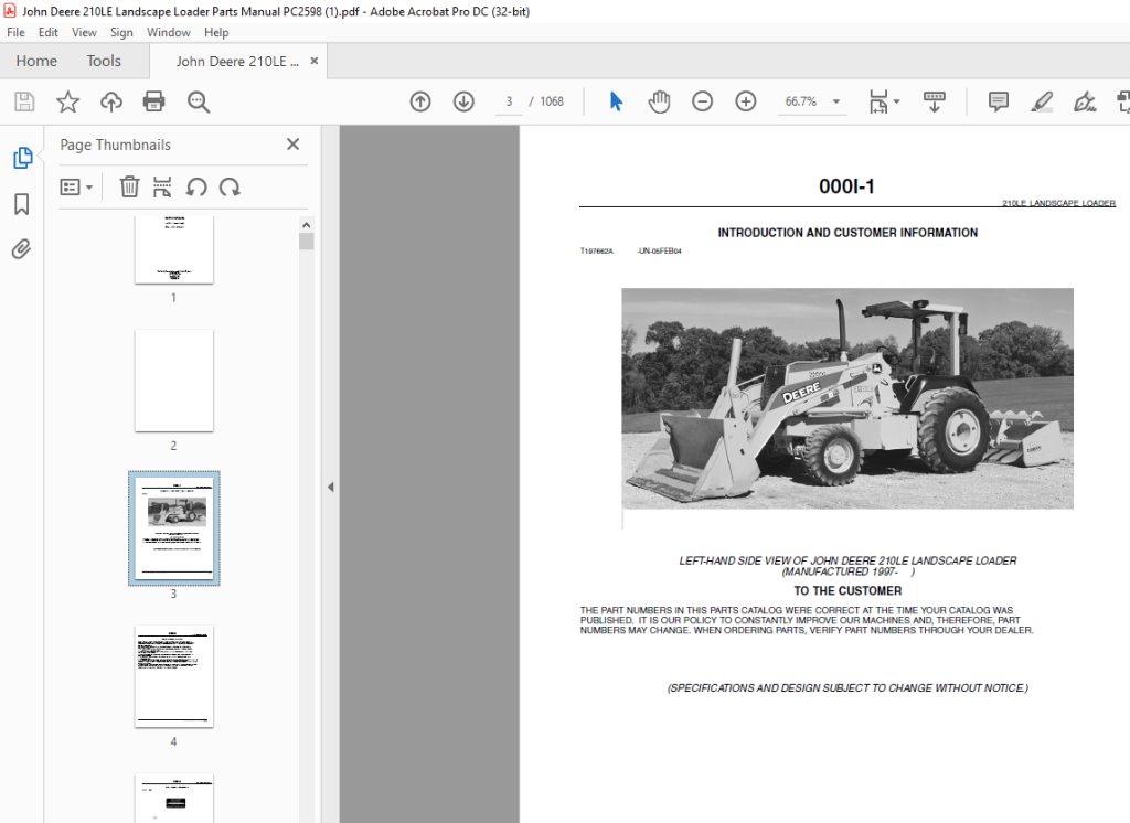 John Deere 210LE Landscape Loader Parts Manual PC2598 - PDF DOWNLOAD