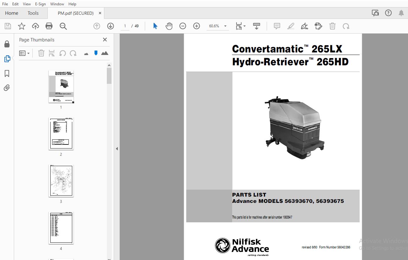 Nilfisk Advance Convertamatic 265LX Hydro-Retriever 265HD Parts Manual ...