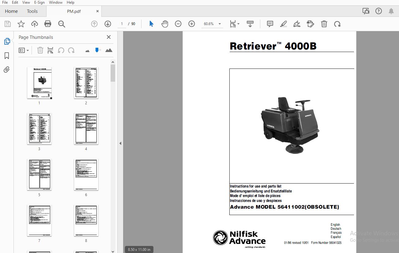 Nilfisk Advance Retriever 4000B Instructions for use & parts Manual ...