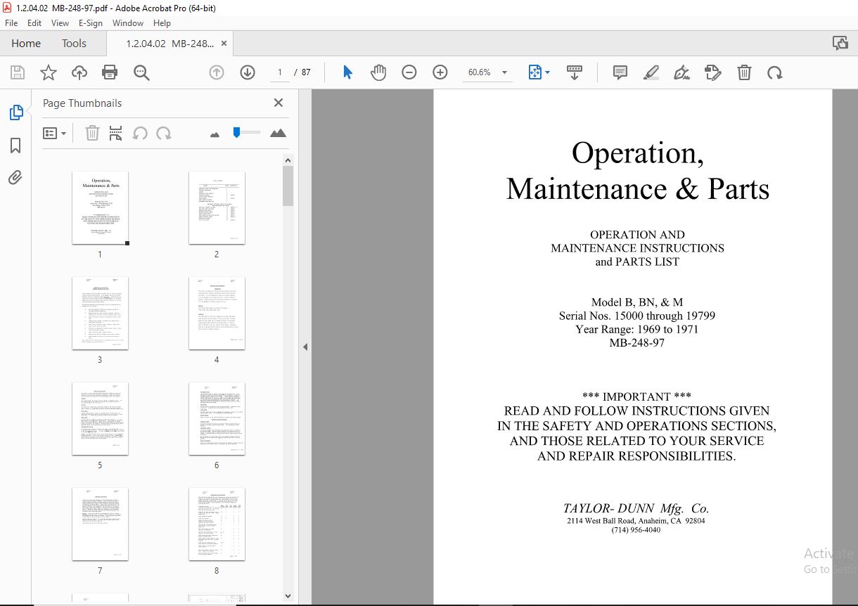 Taylor-Dunn B,BN,M Operation & Maintenance Instructions PDF ...