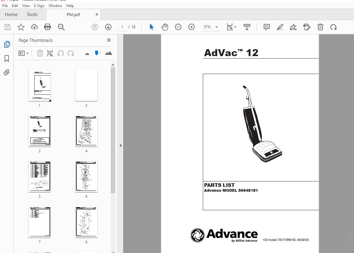 Advance AdVac 12 Parts Manual 56042425 - PDF DOWNLOAD - HeyDownloads ...