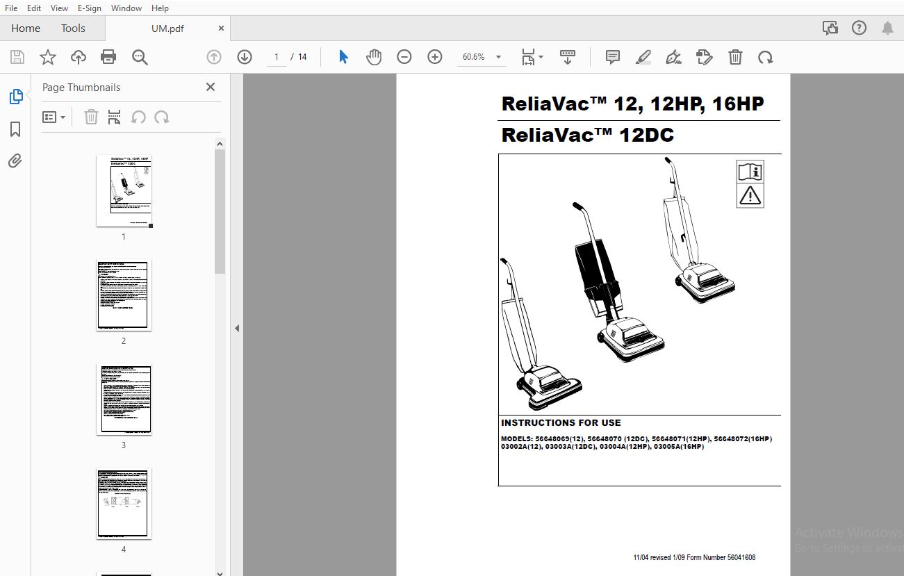 Advance ReliaVac 12, 12HP, 16HP ReliaVac 12DC INSTRUCTIONS FOR USE ...