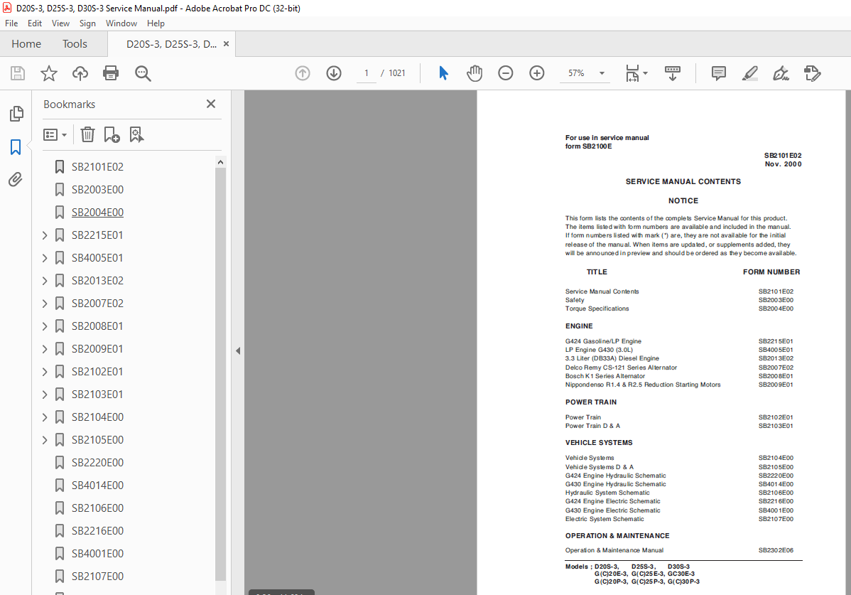 Daewoo Doosan Forklift D20S-3 to GC30P-3 Service Manuals SB2101E02 ...