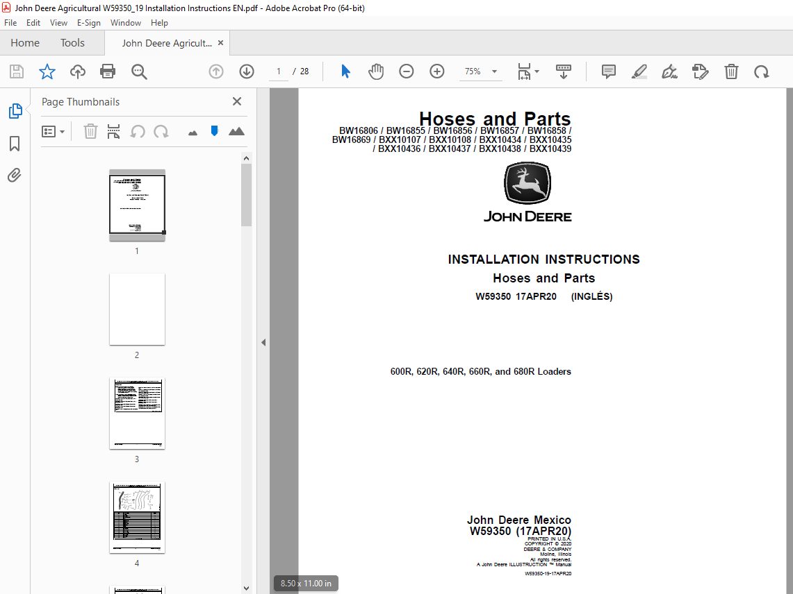 John Deere 600R, 620R, 640R, 660R & 680R Loaders Instruction Manual ...