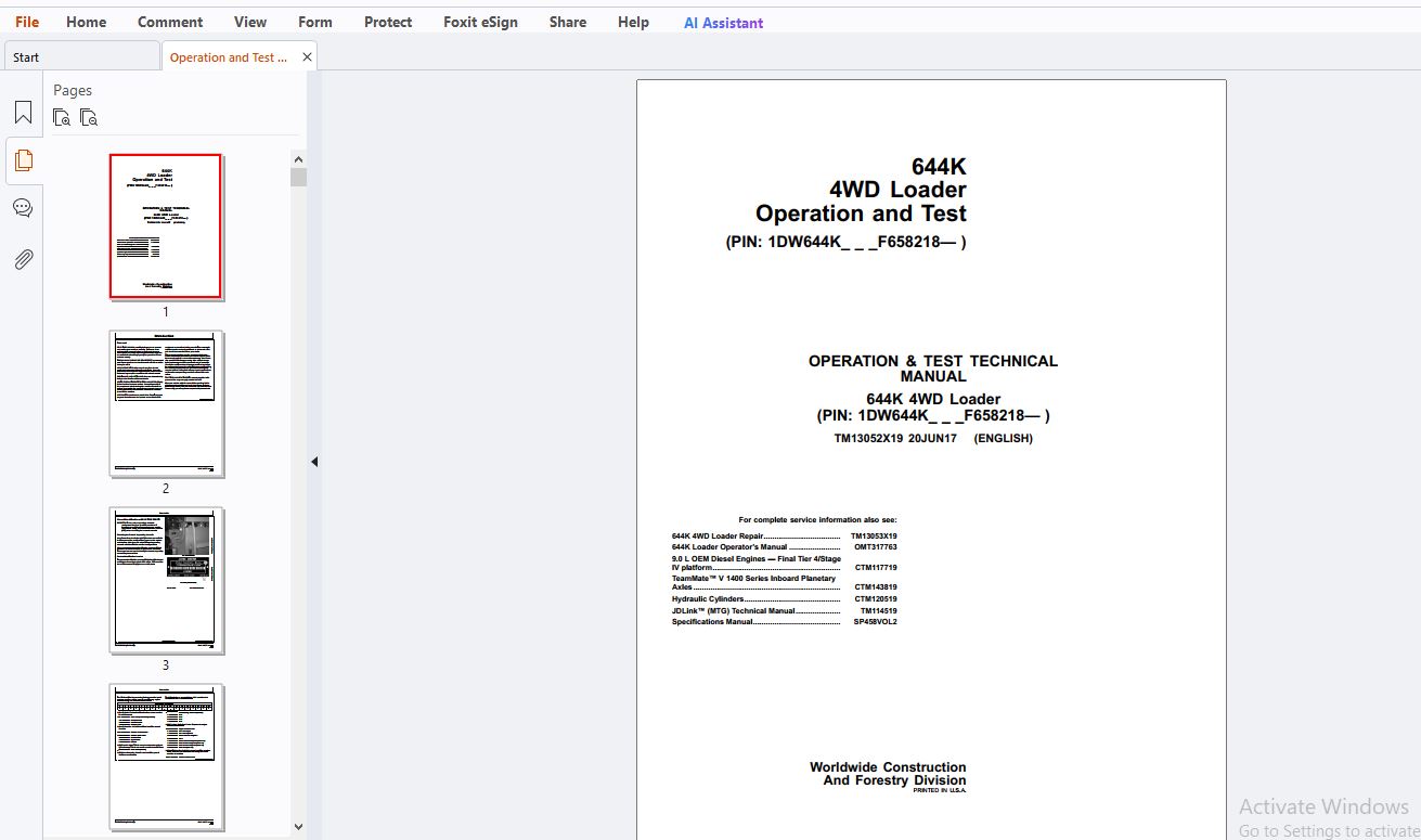 John Deere 644K 4WD Loader Operation & Test Technical Manual TM13052X19 ...