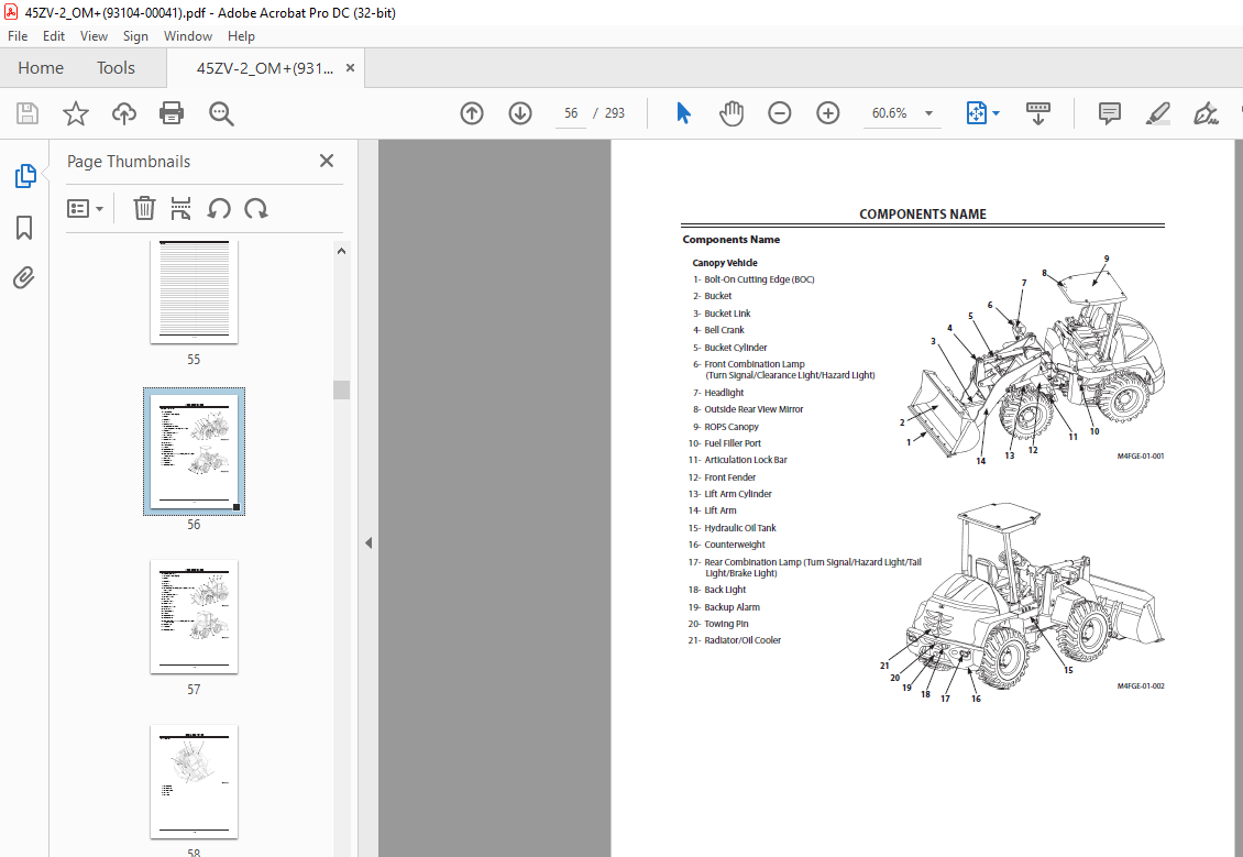 KCM WHEEL LOADER 45ZV-2 OPERATION & MAINTENANCE MANUAL 93104-00041 ...