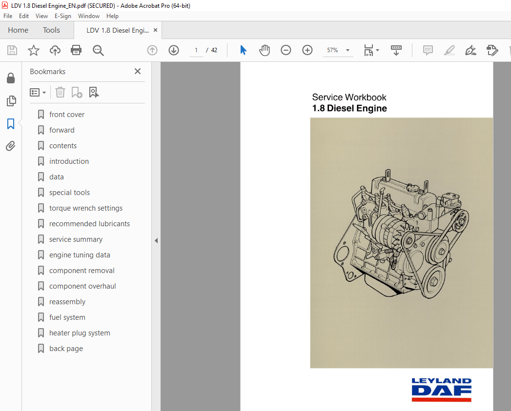 LEYLAND DAF Truck 1.8 Diesel Engine Service Workbook Manual PDF ...
